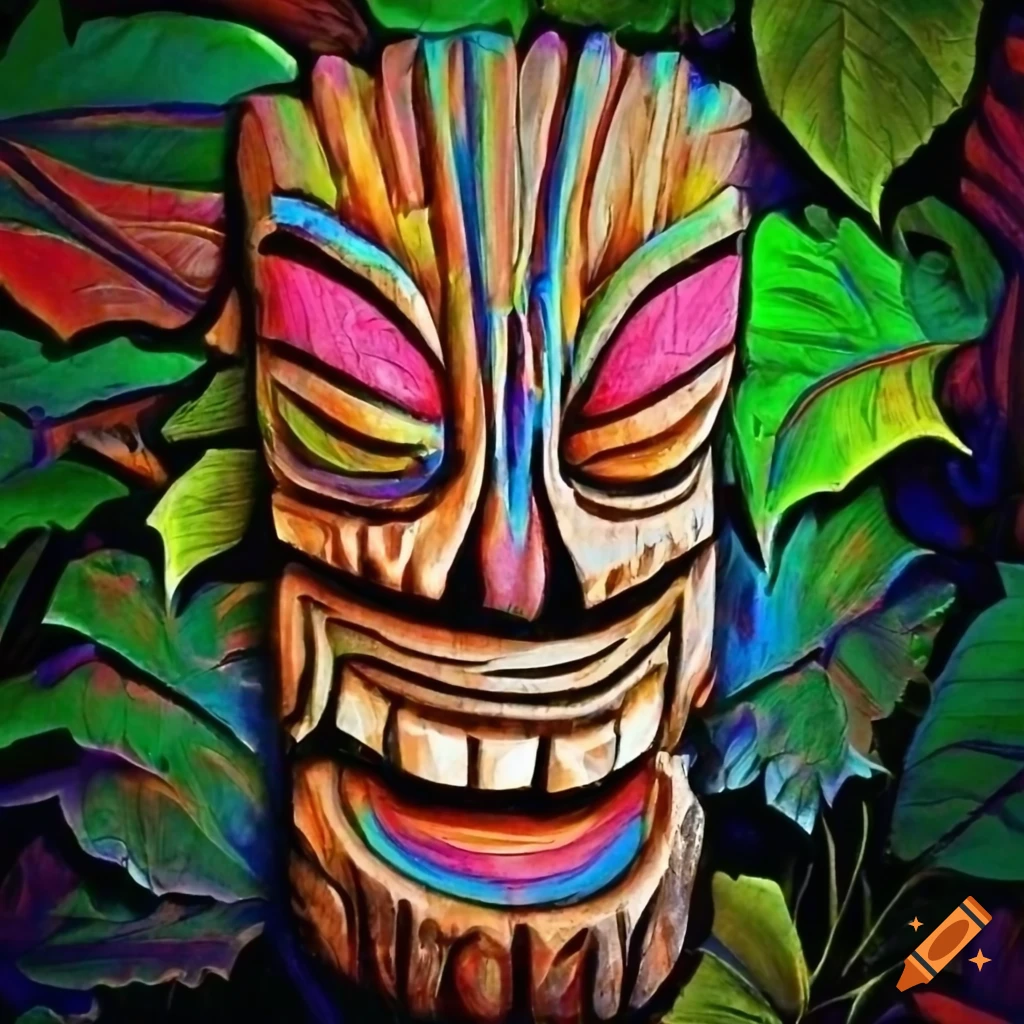 Wooden tiki head with colorful flowers on Craiyon