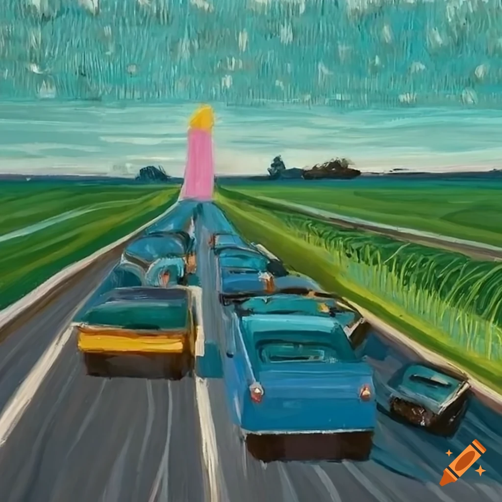 Hockney painting of cars on curving roads on Craiyon