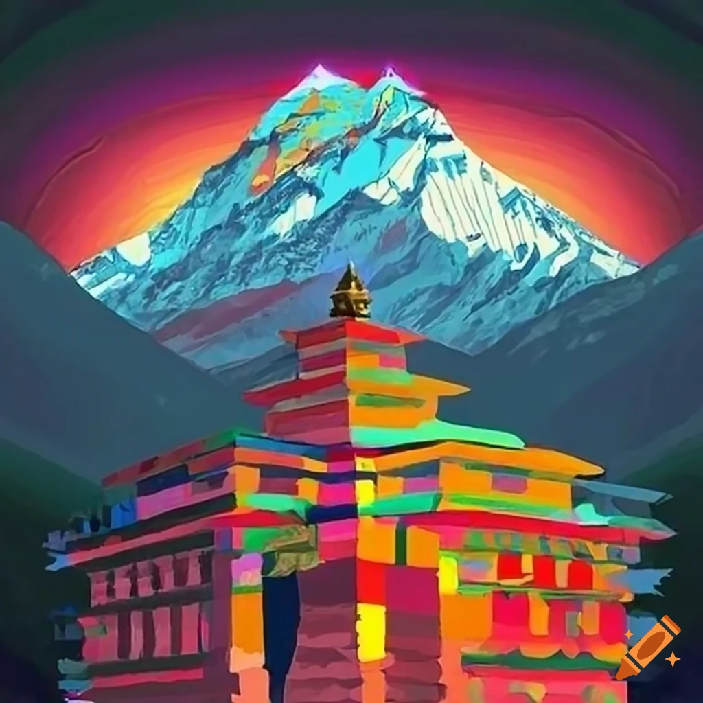 Digital artwork of Mount Everest with vibrant Nepali block painting ...