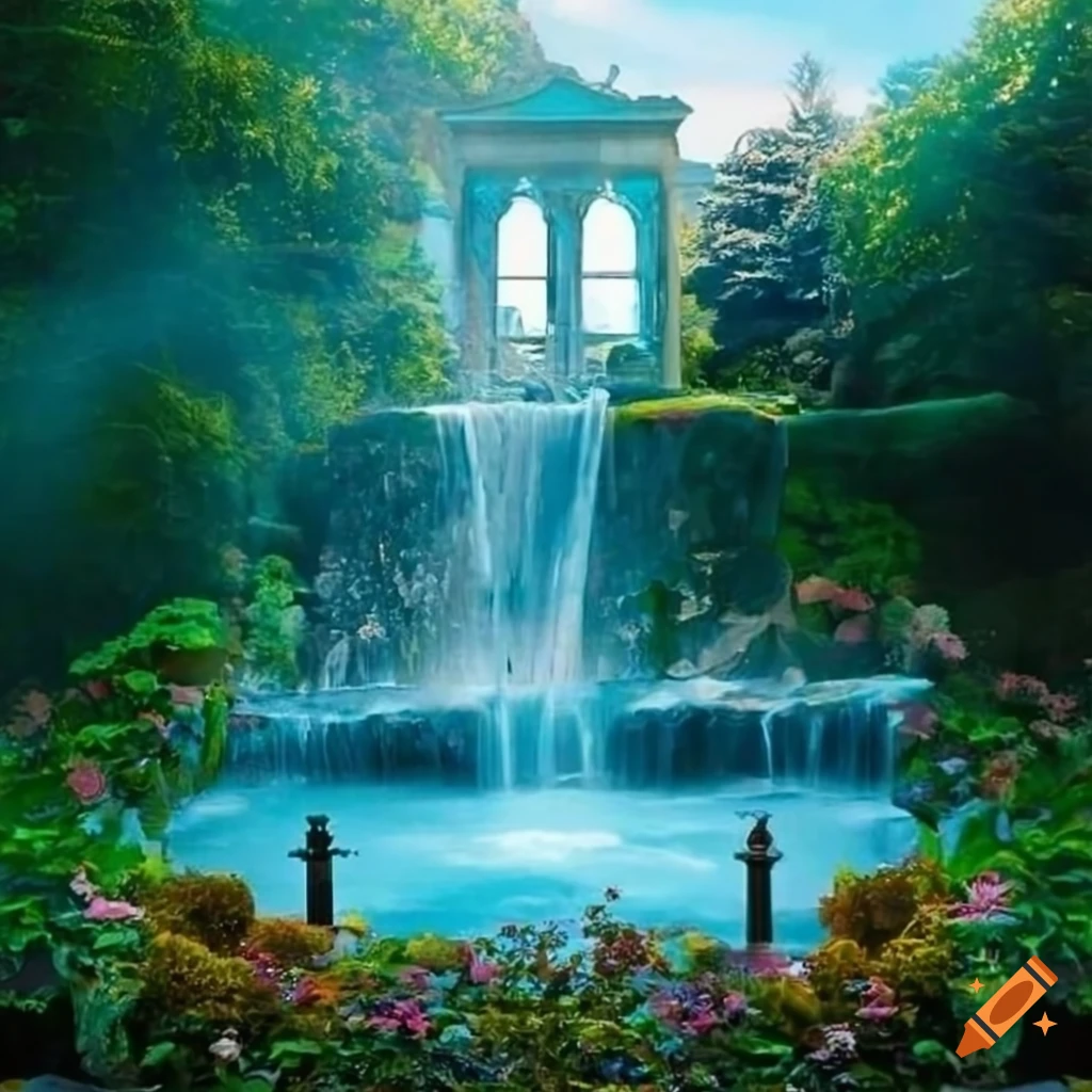 Beautiful victorian garden with a balcony overlooking a pond on Craiyon