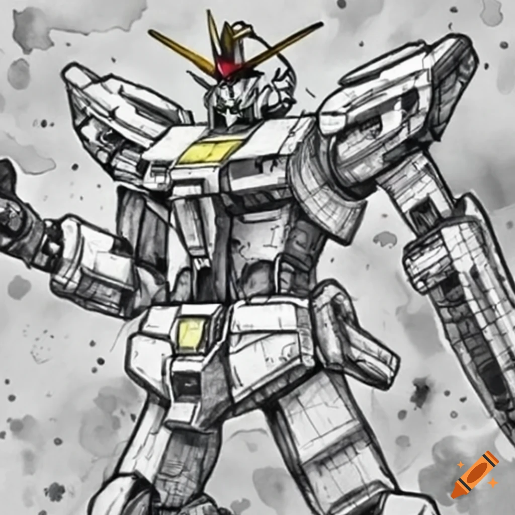 Detailed pen and ink illustration of a gundam with weapons on Craiyon