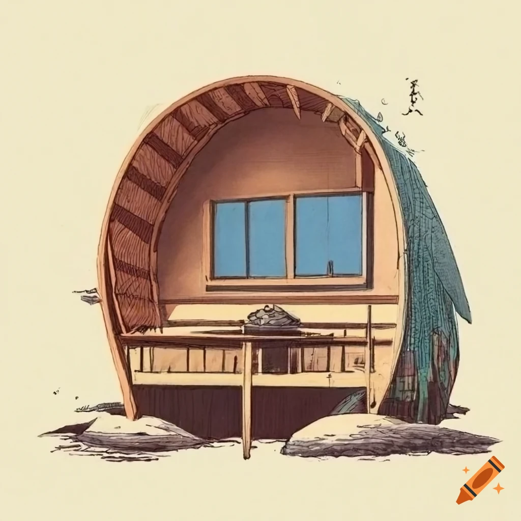 Technical drawing of a japanese-inspired living pod with unique landing ...