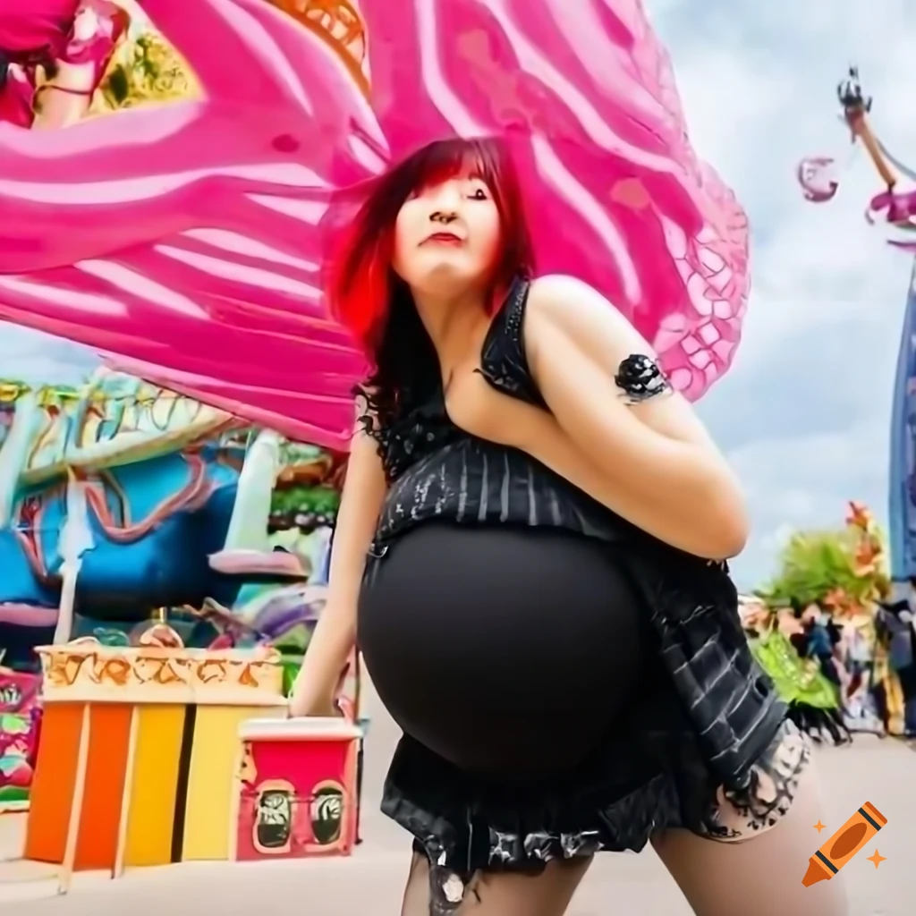 Japanese Punk Girl With Oversized Pregnant Belly At Theme Park On Craiyon