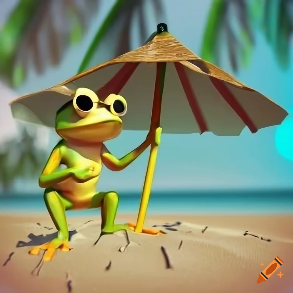 3D cool frog on a beach with sunglasses on Craiyon