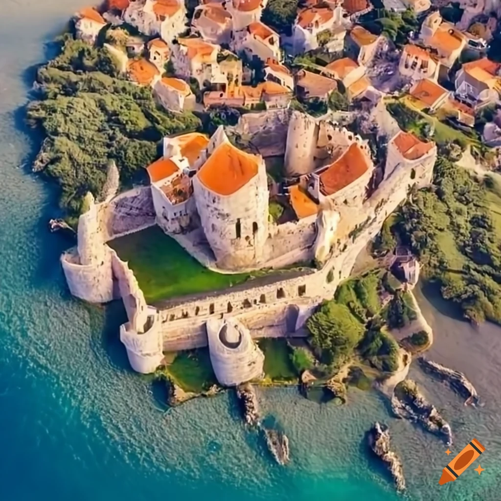 Aerial view of a castle near the Mediterranean Sea on Craiyon