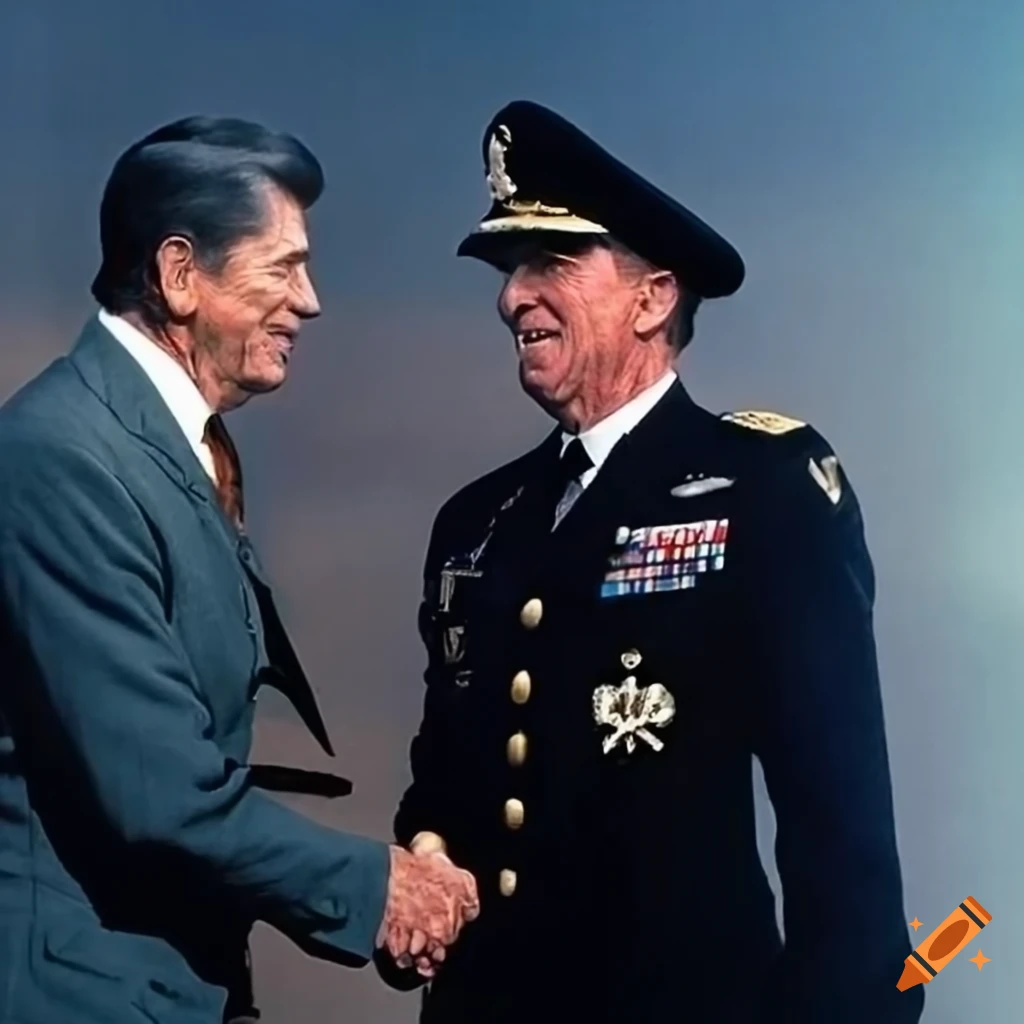 Ronald Reagan shaking hands with a military general in snowy mountains ...
