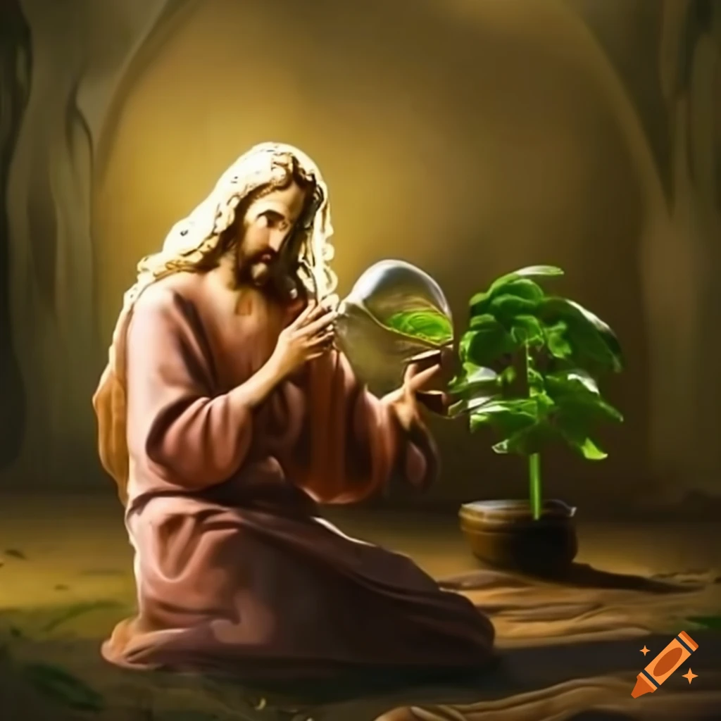 Artistic depiction of jesus watering a plant on Craiyon