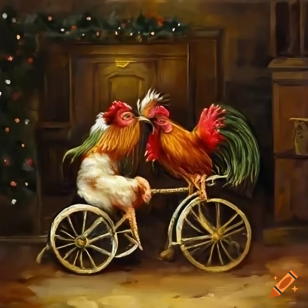 Oil painting of two roosters riding a christmas themed bicycle on Craiyon