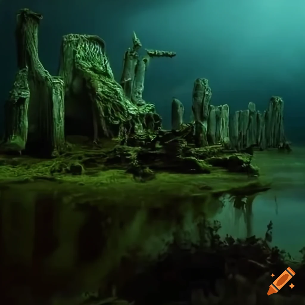 Image of ancient ruins in a marsh swamp with red lights on Craiyon