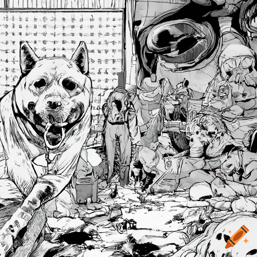 Katsuhiro ôtomo's perspective drawing of fighting dogs on Craiyon