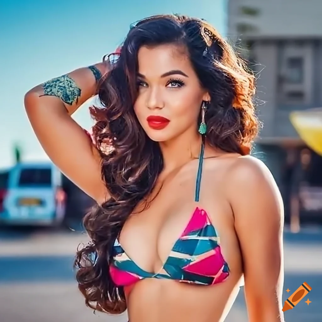 Trendy pin-up bikini model at Hollywood Boulevard on Craiyon