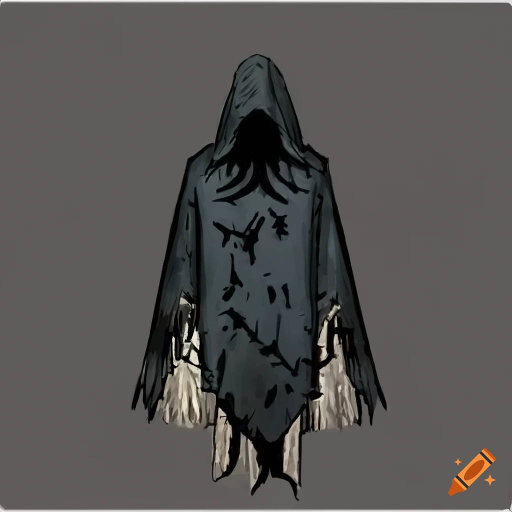 Character artwork with black raven-feathered cloak on Craiyon