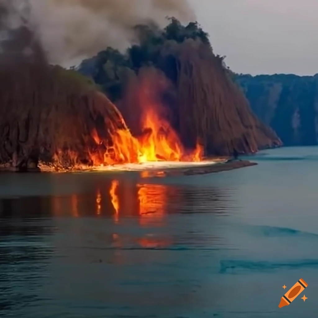 Image of a burning island in the middle of a large body of water on Craiyon