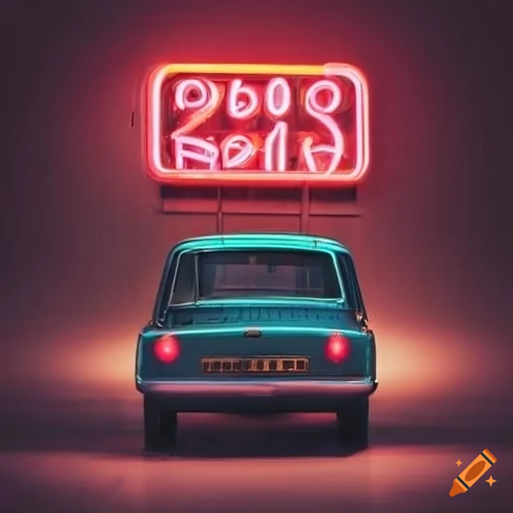 Neon sign outside a bar with parked car