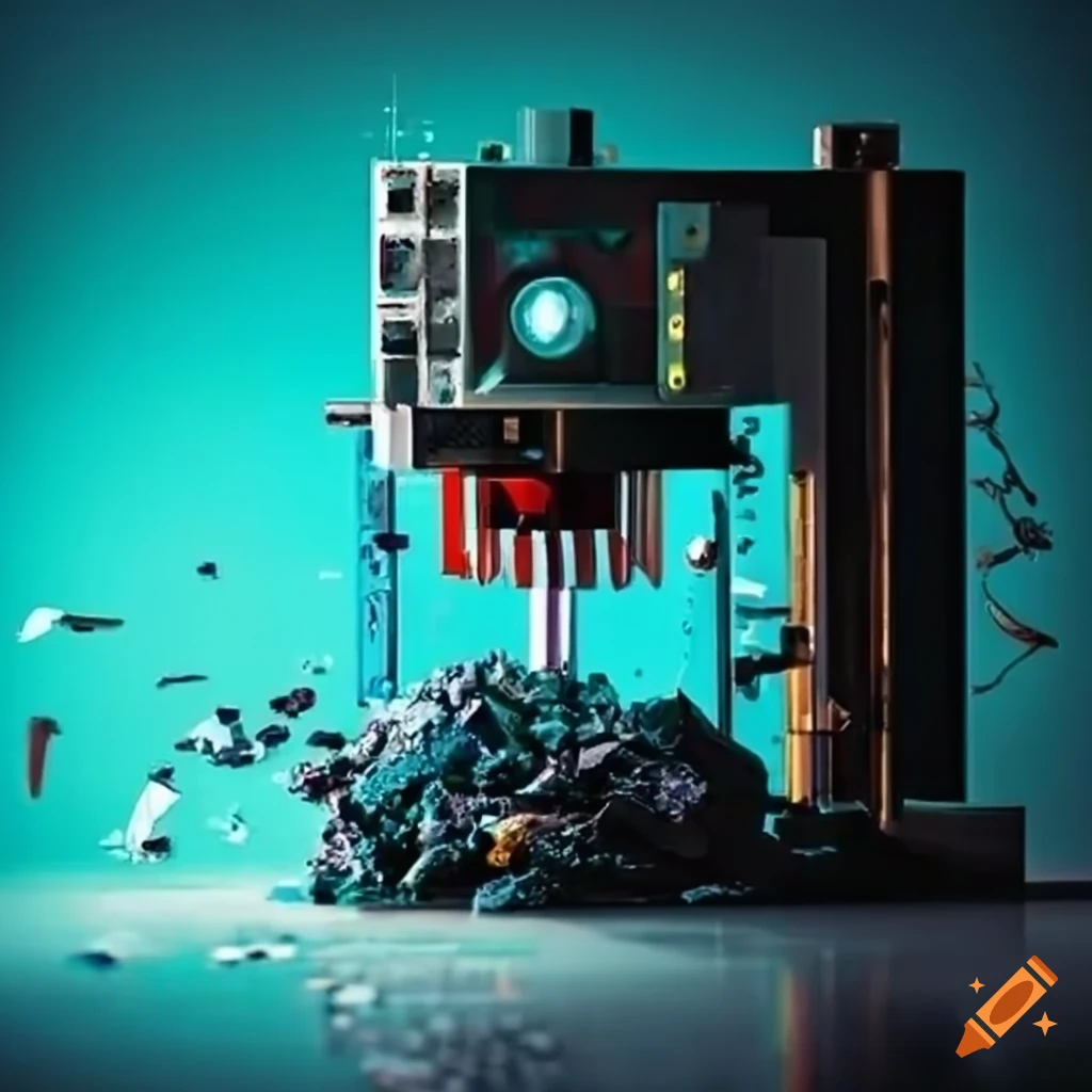 Image of a computer being crushed by a hydraulic press on Craiyon