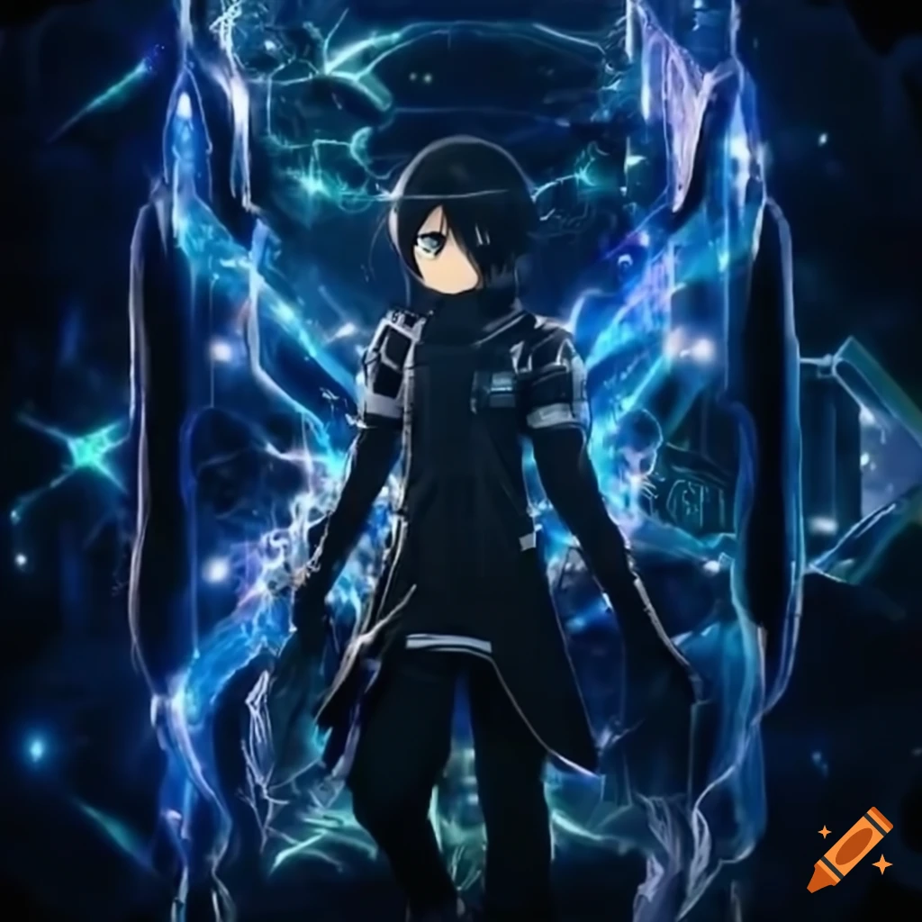 Kirito dueling in a high-tech virtual world on Craiyon