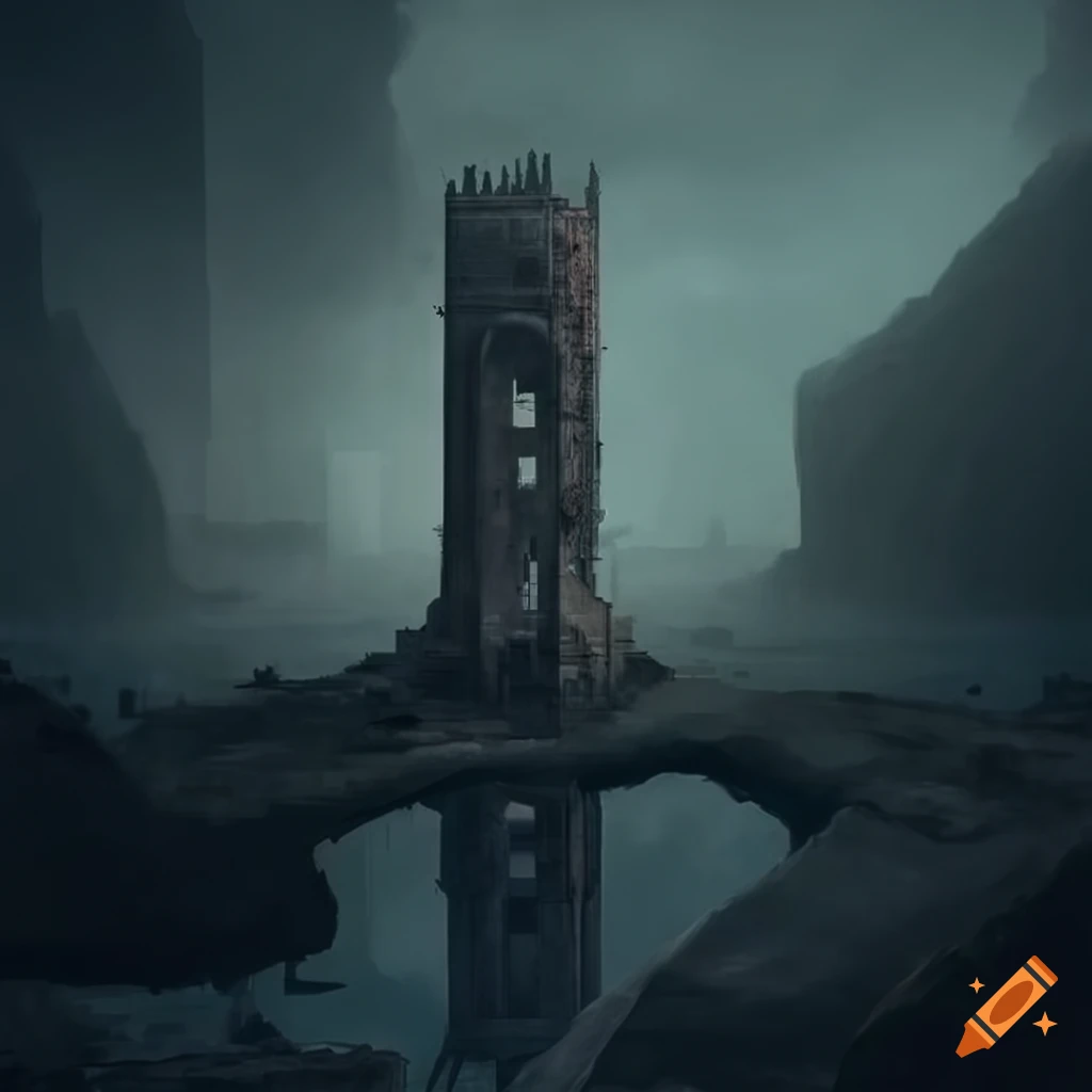 An eerie and desolate landscape scattered with remnants of civilization ...