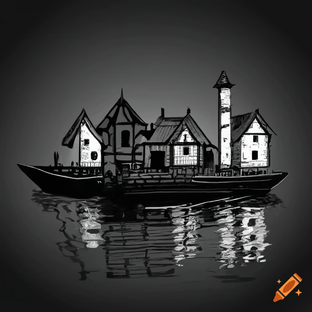 Black and white icon of a medieval floating town on Craiyon