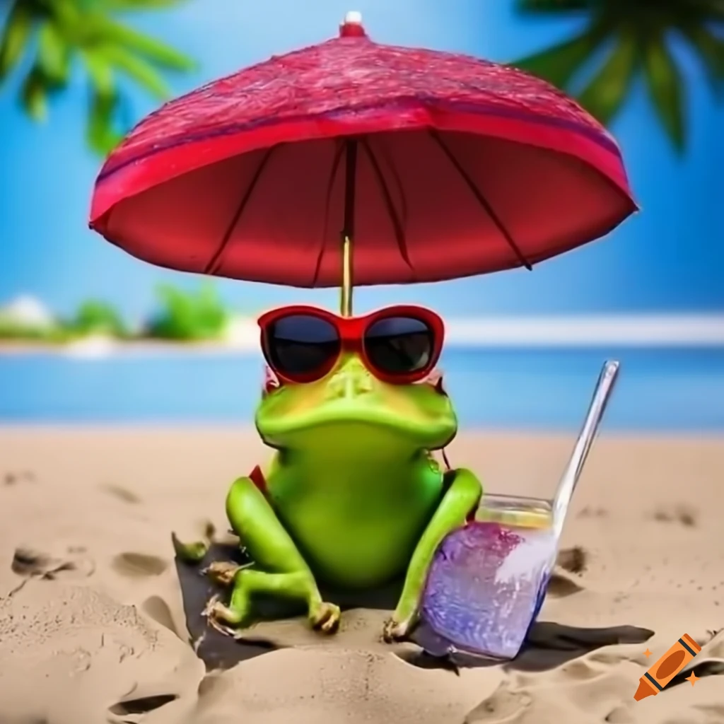 Photograph of a frog wearing sunglasses on the beach on Craiyon