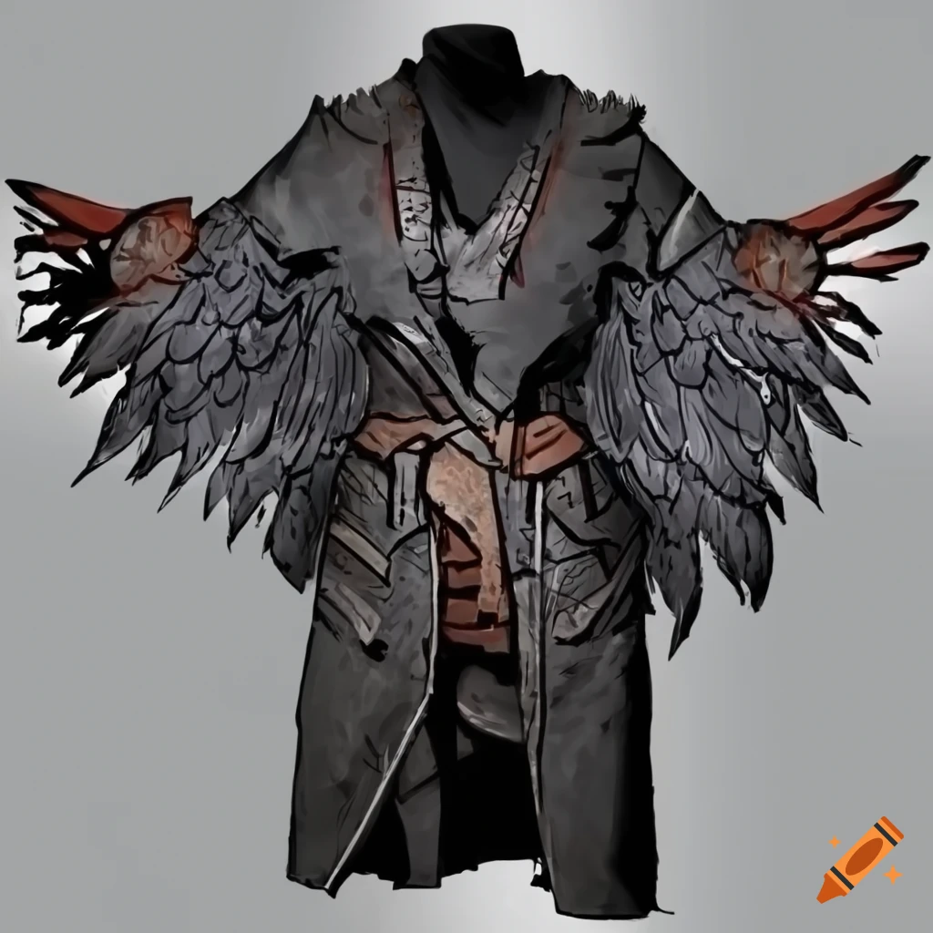 Character design of a black raven-feathered robe on Craiyon