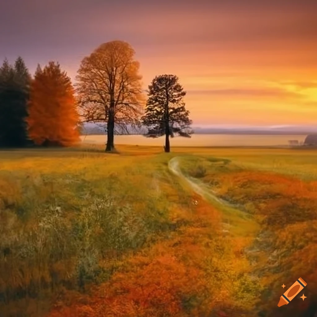 Landscape with trees and sun, featuring poppy flowers on Craiyon