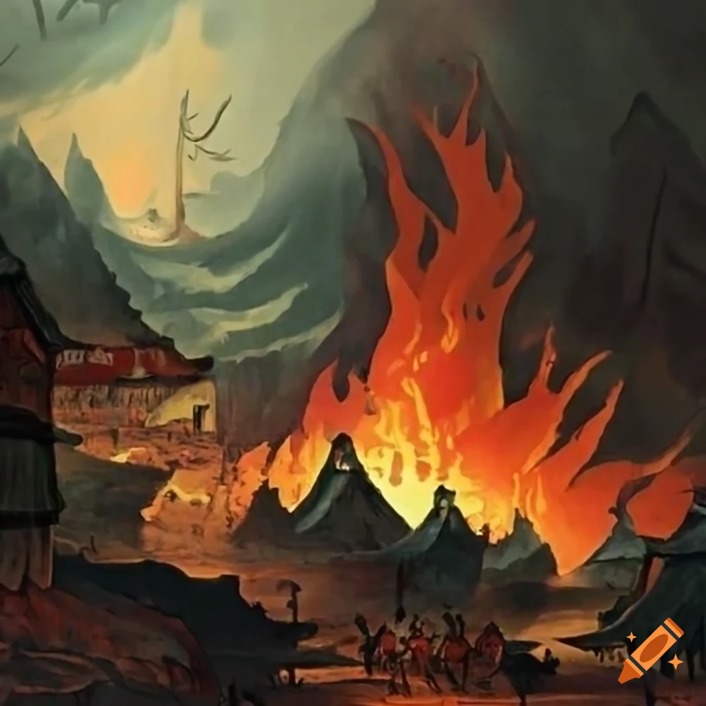 Painting of a burning village in the yayoi period on Craiyon