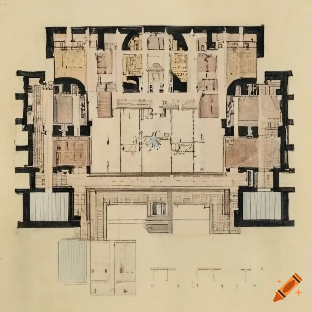 Floor plan of an enclosed college with a tower gate on Craiyon