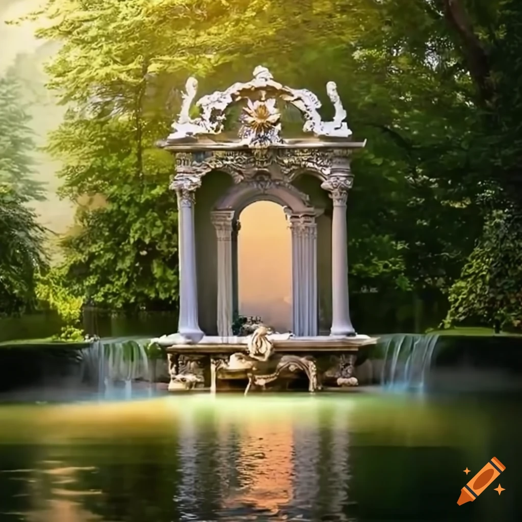 Victorian garden balcony overlooking a beautiful pond and waterfall on ...