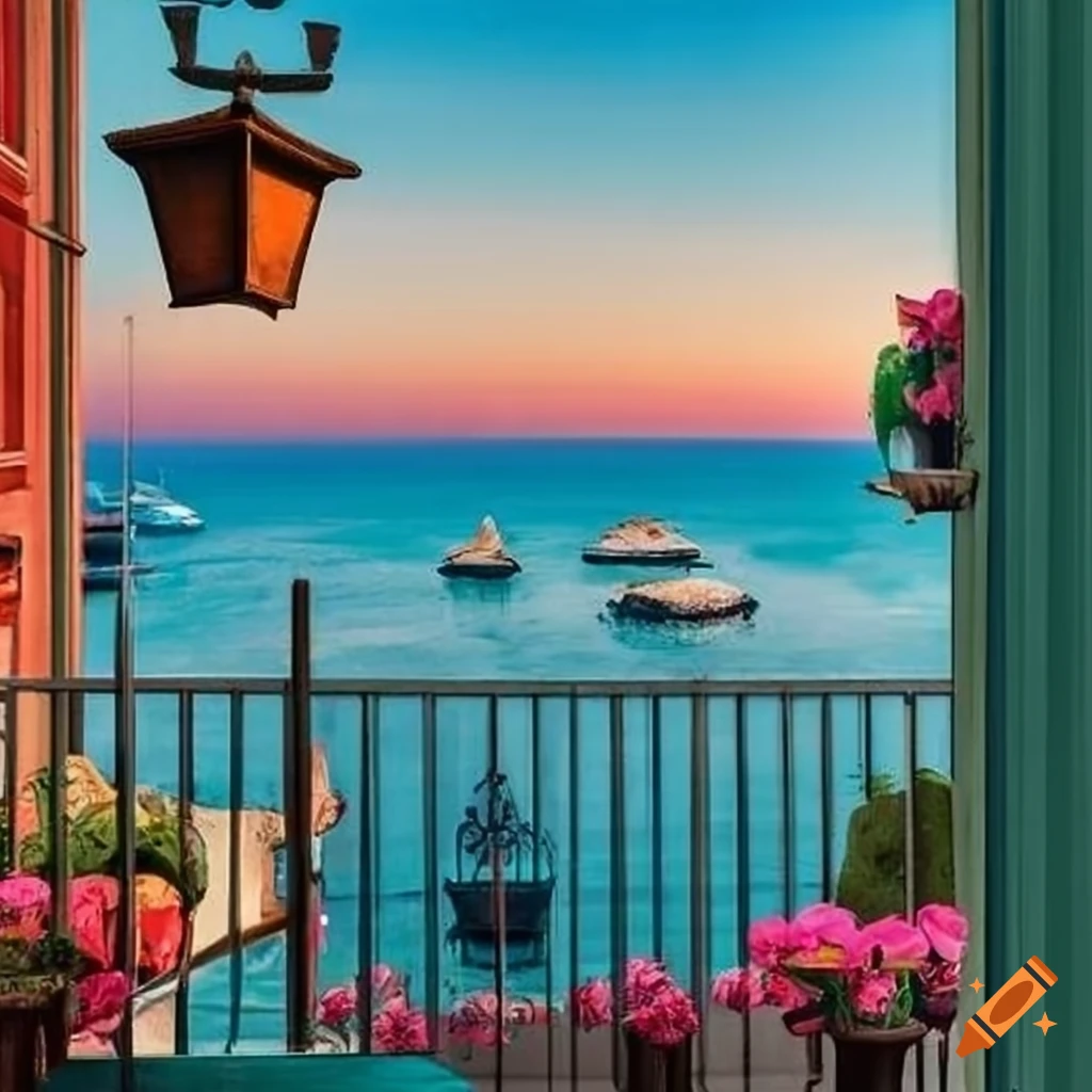 Artistic depiction of flowers on a balcony overlooking the italian ...