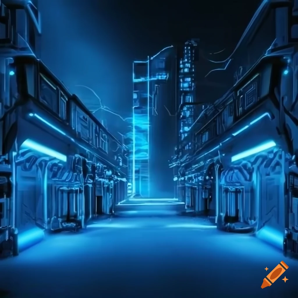 Dark and futuristic factory with blue neon lights