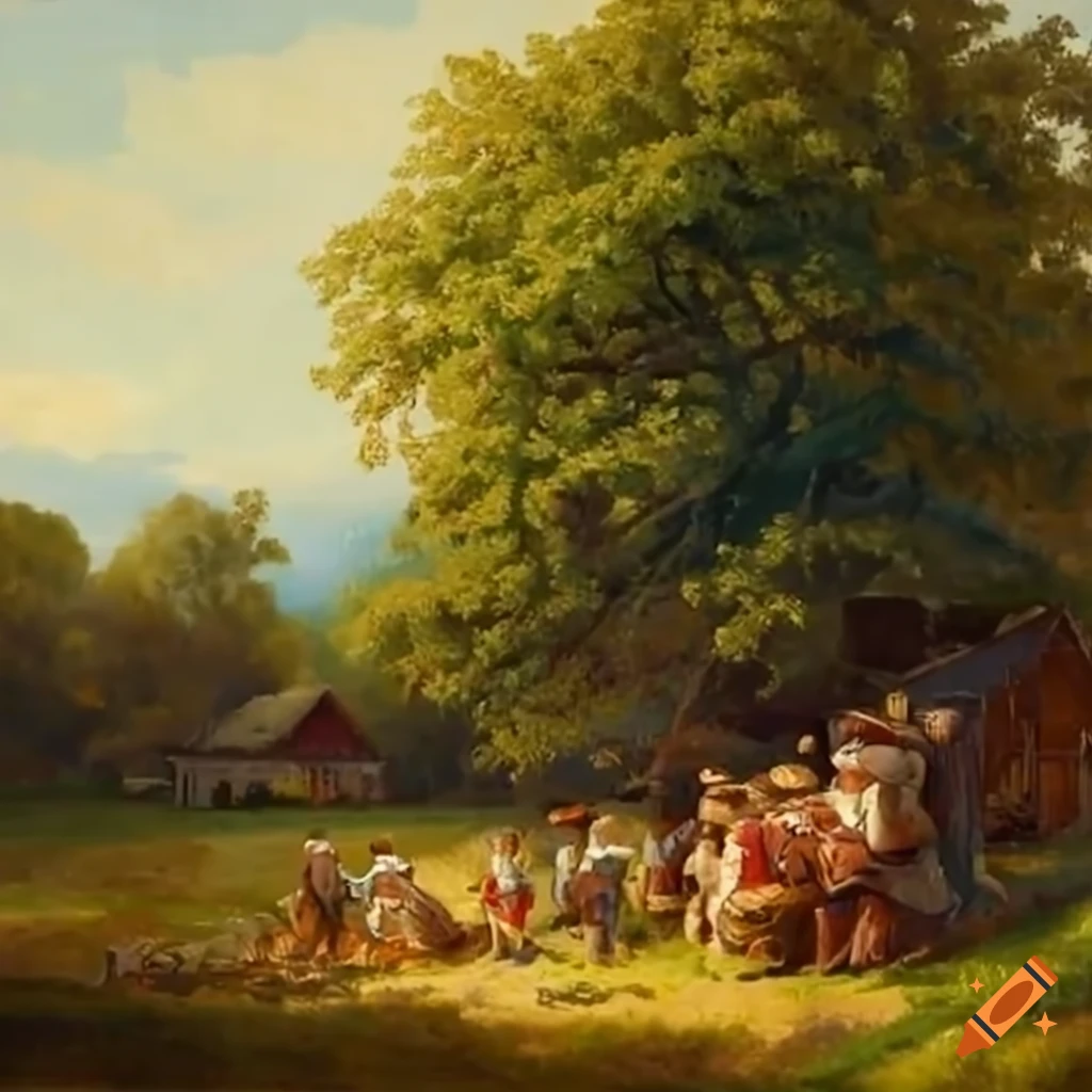 People gathering chestnuts under oak trees on Craiyon