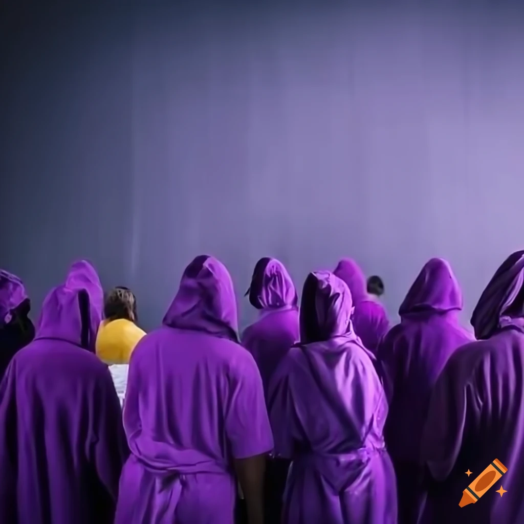 Crowd surrounding a man in a purple hooded robe on Craiyon