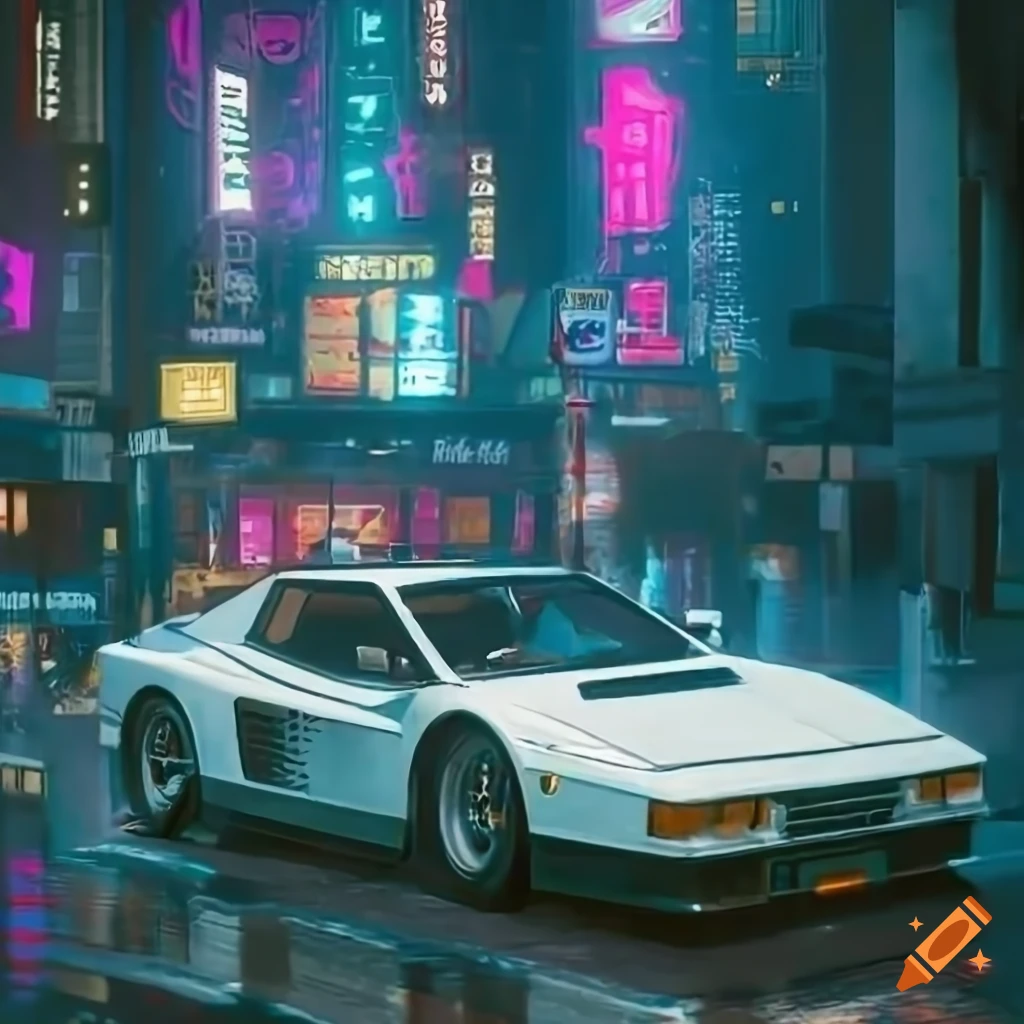 Cyberpunk street scene with neon signs and a character on Craiyon