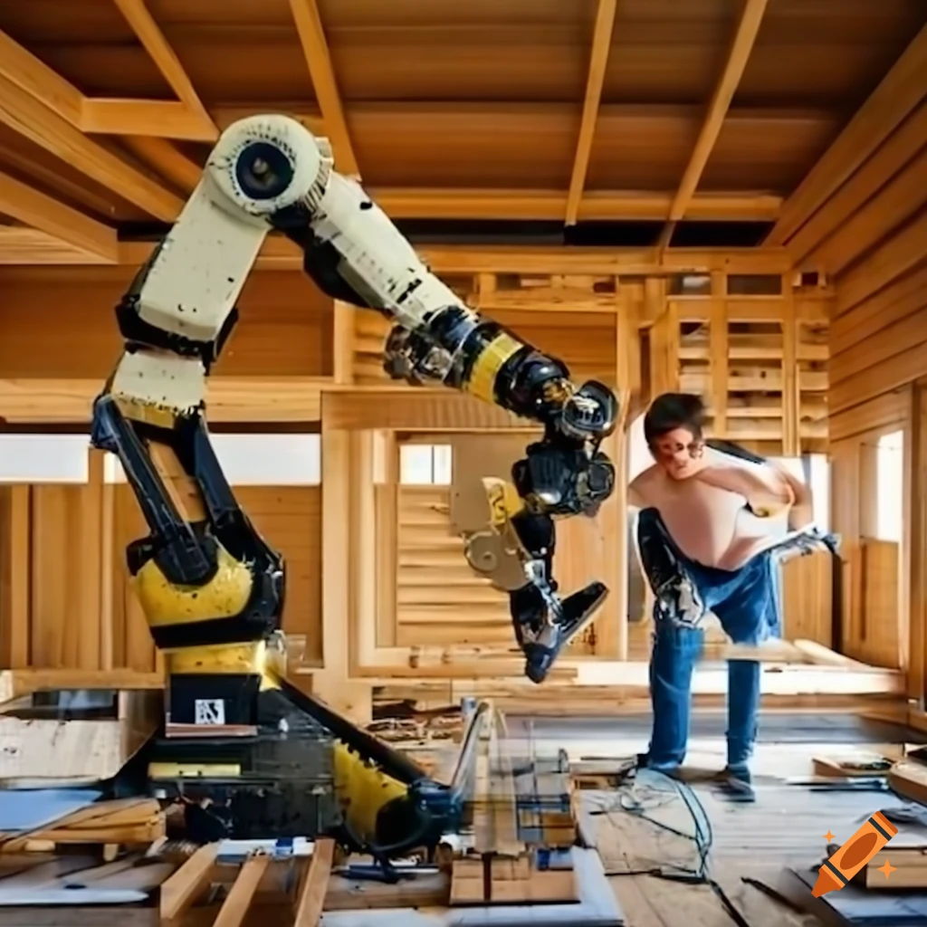 Robot arm constructing a mass timber building on Craiyon