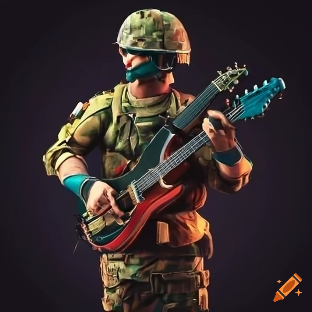 Surreal artwork of a soldier with guitar arms on Craiyon