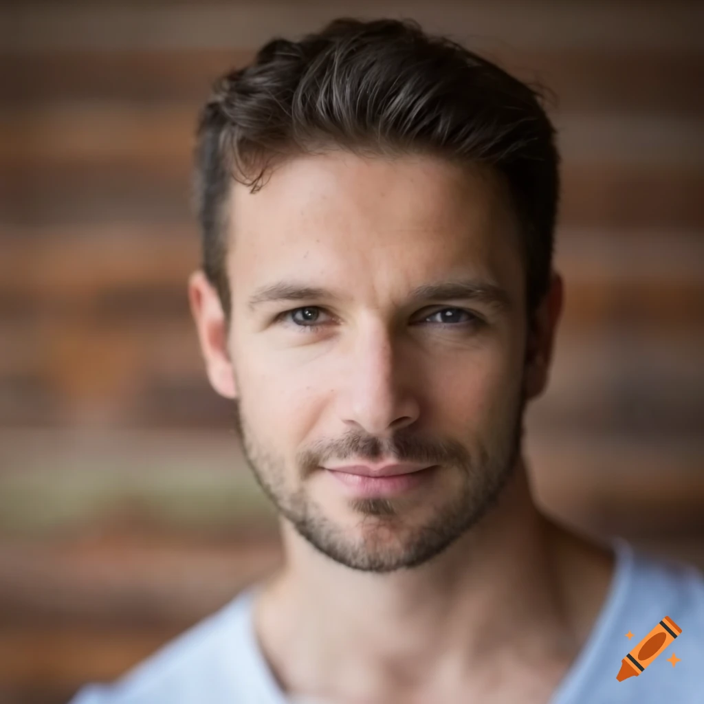 Portrait of a handsome 21 year old french man with brown hair and blue ...