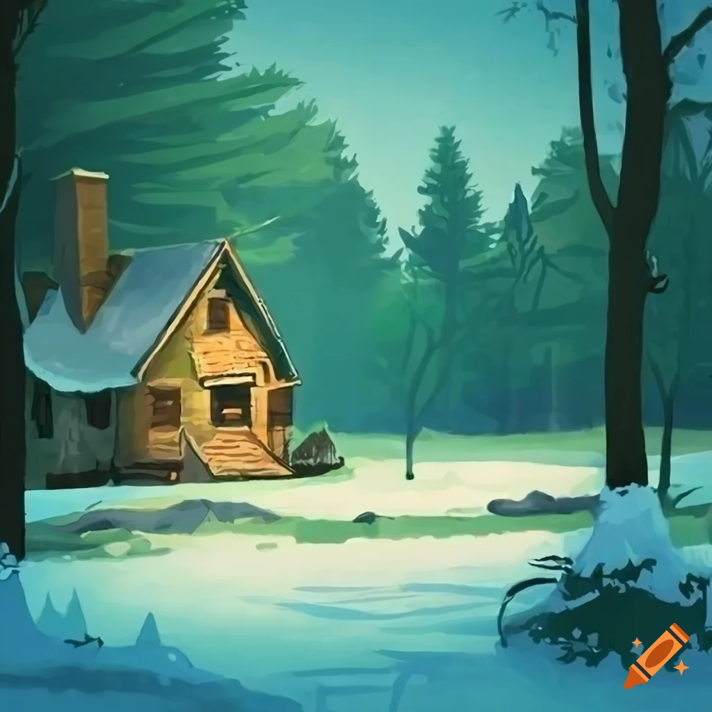 Snowy forest game background with stone house