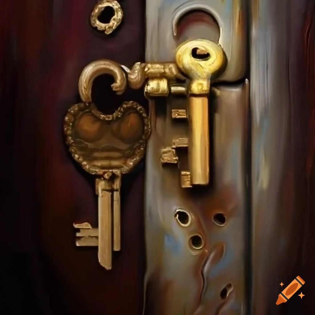 Watercolor painting of an old key on necklace with dark background on ...