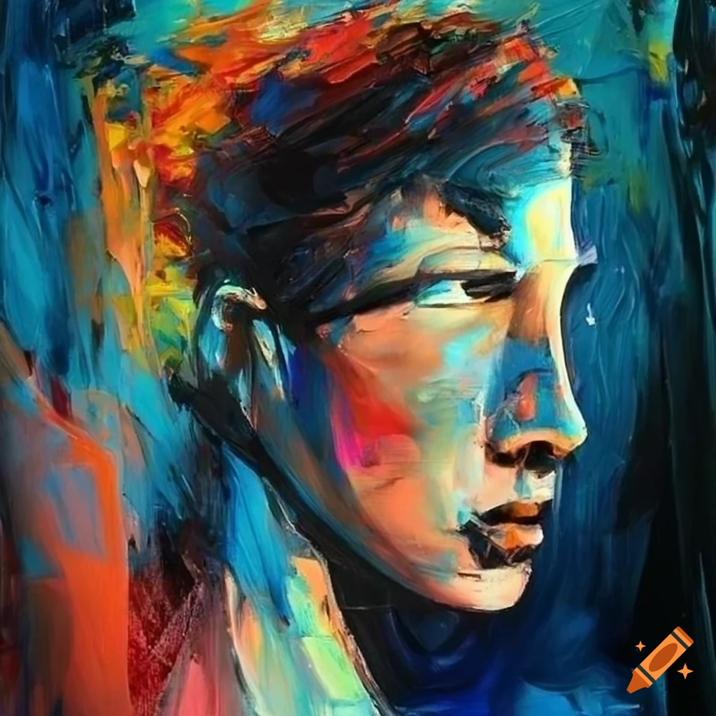Abstract knife painting of a thinking man with bright colors on Craiyon