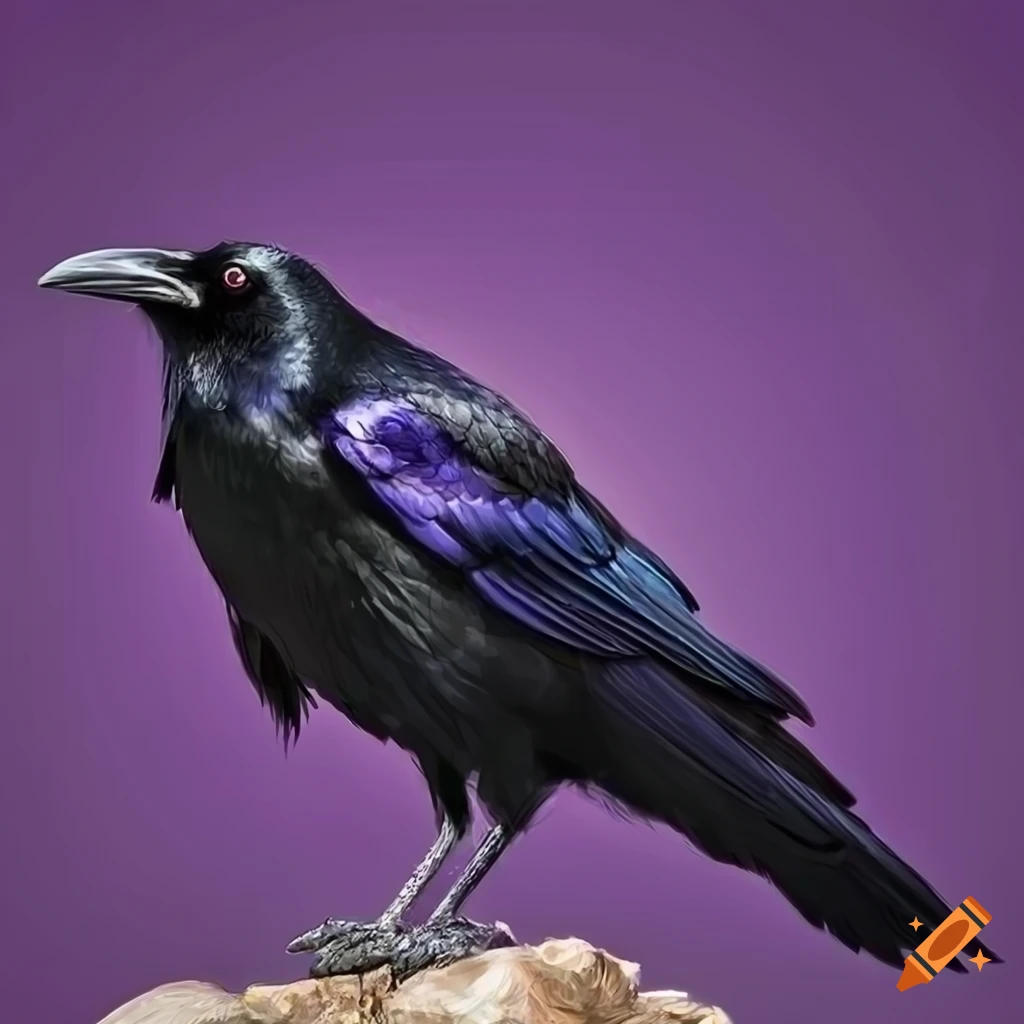 Artistic depiction of a black raven on a purple background on Craiyon
