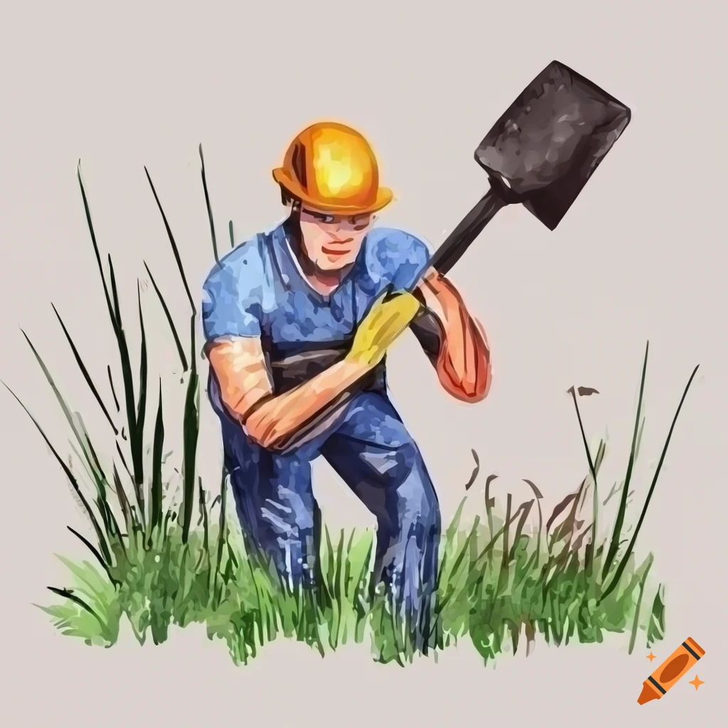 Vector illustration of a construction worker digging in grass on Craiyon