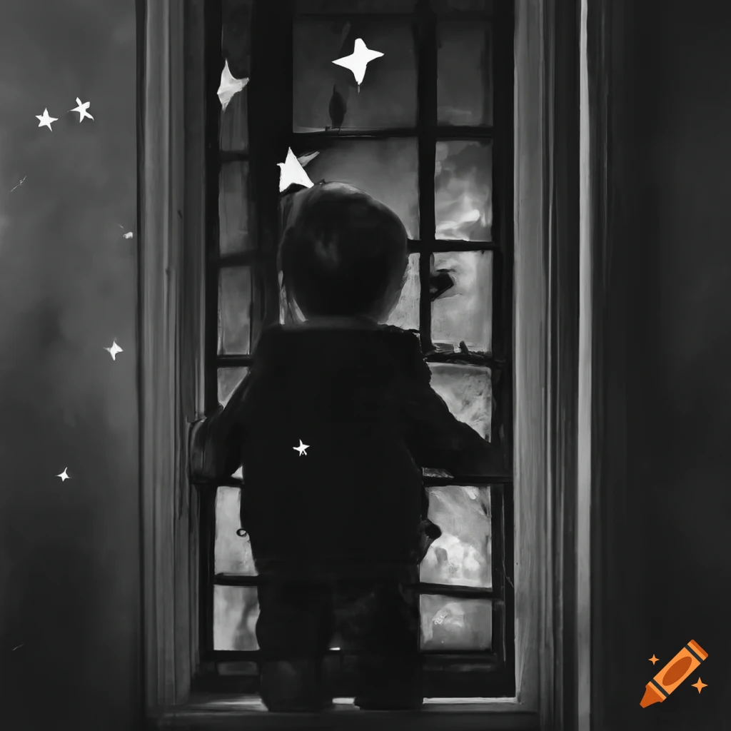 Black and white painting of a little man looking out through a window