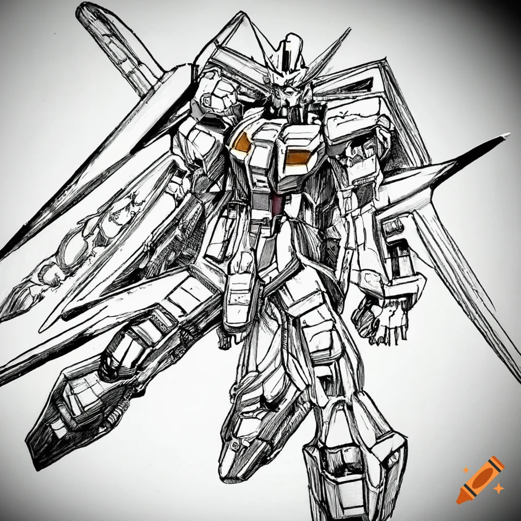 Detailed pen and ink illustration of a gundam