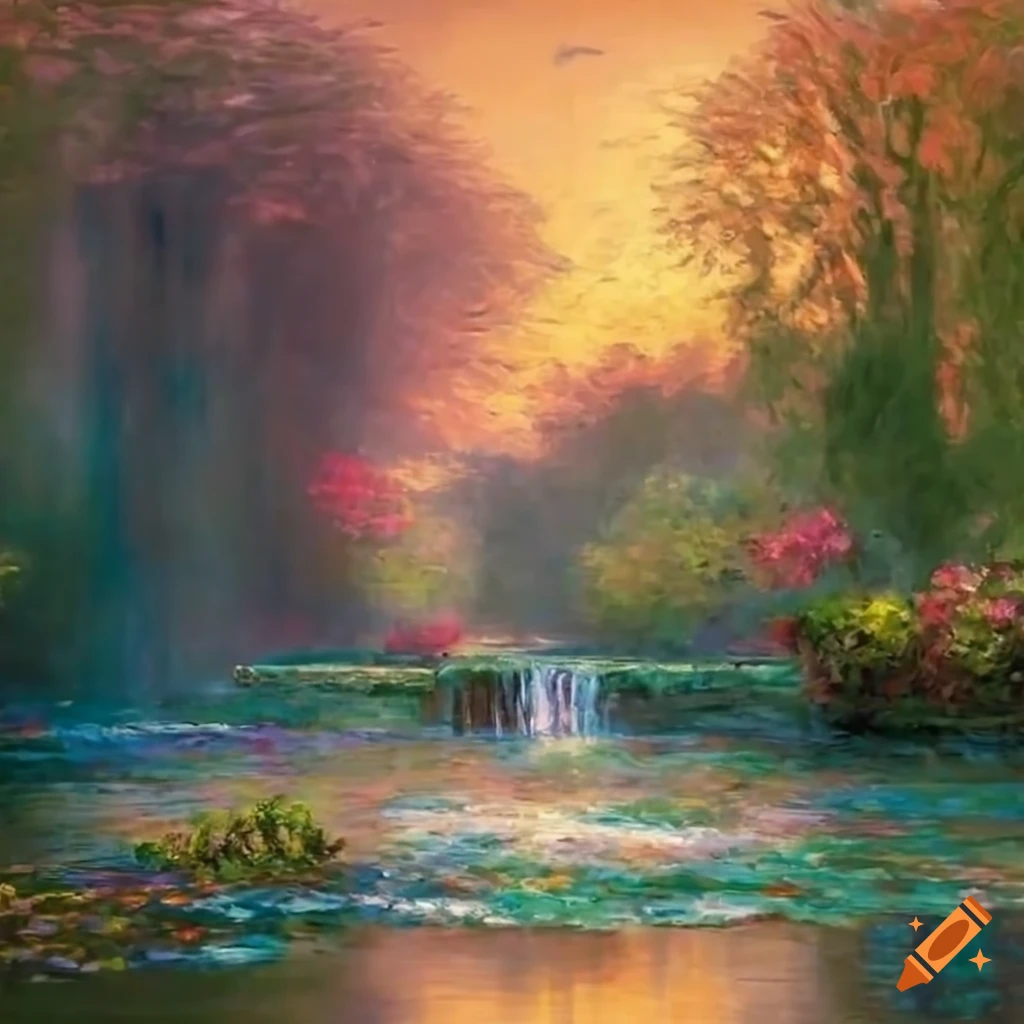Monet-inspired painting of a victorian garden with a pond and tall ...
