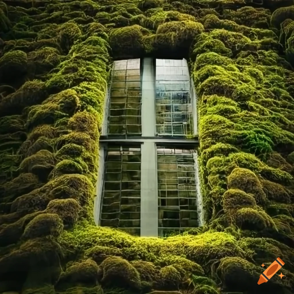 Cube-shaped building with moss-covered walls on Craiyon