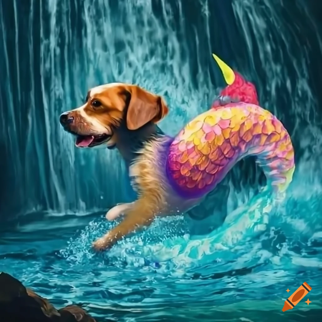 Colorful artwork of a dog as a mermaid jumping in a waterfall on Craiyon
