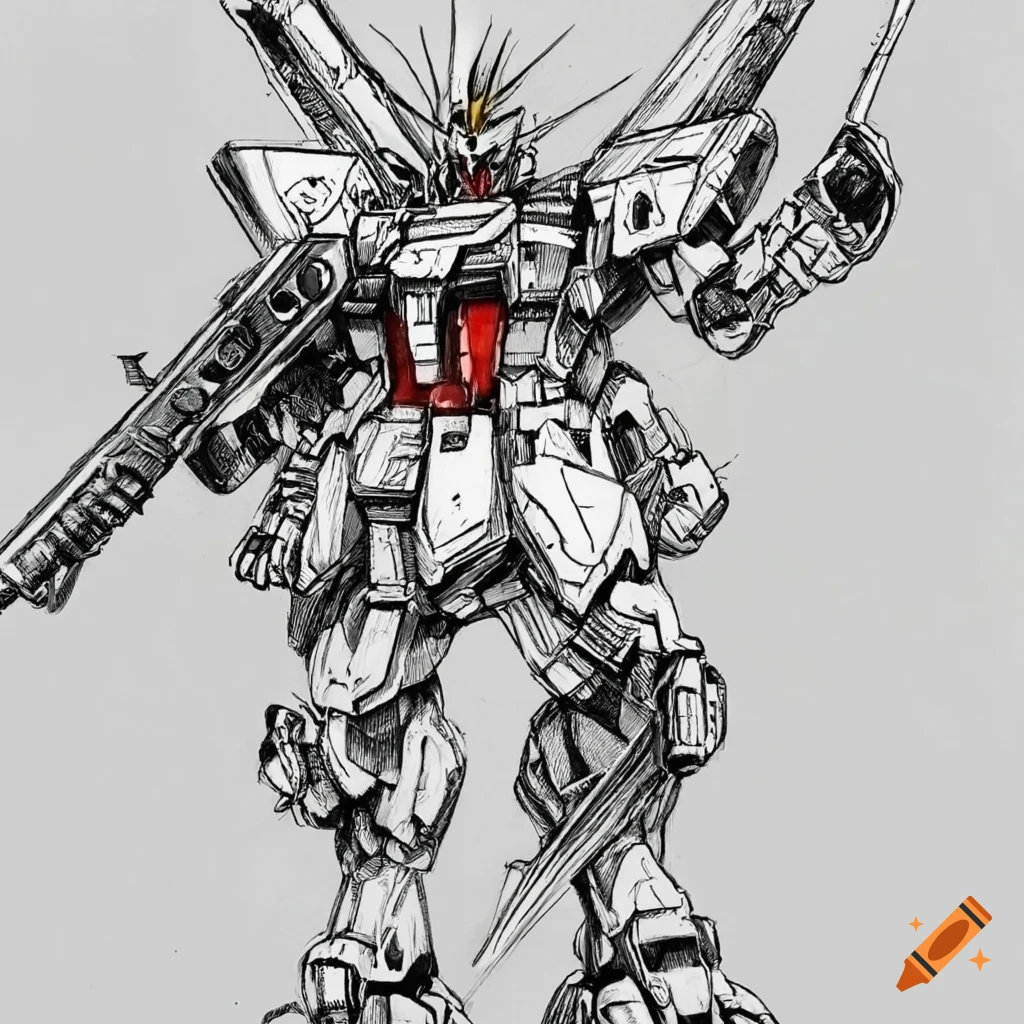 Detailed pen and ink illustration of a gundam with weapons