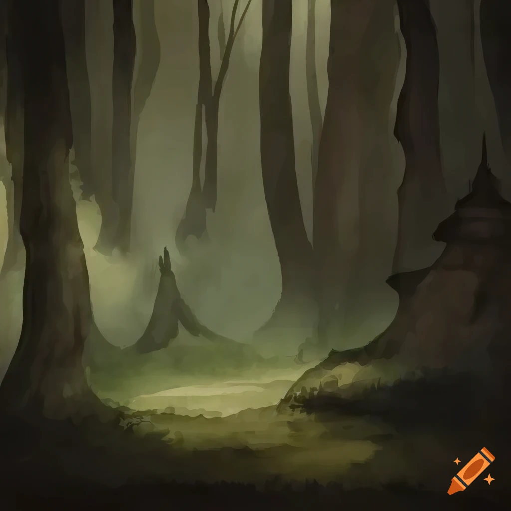 Watercolor of a dark medieval forest
