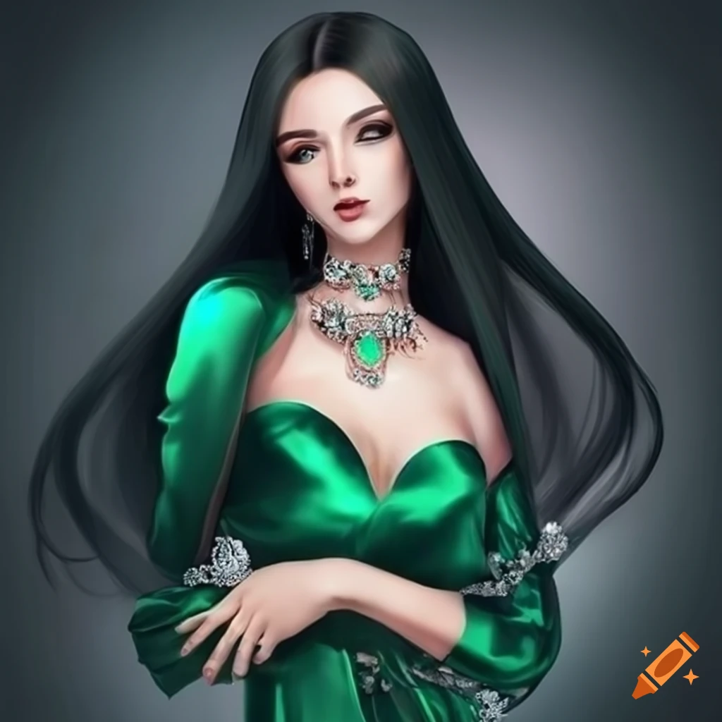Portrait of a princess with long black hair and a green satin dress on Craiyon