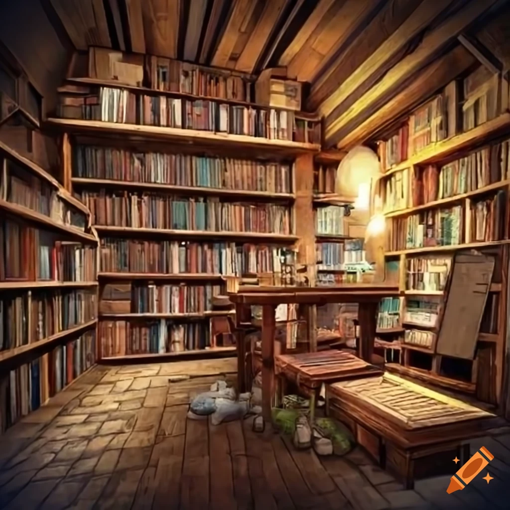 Concept art of a cluttered cottagecore library on Craiyon